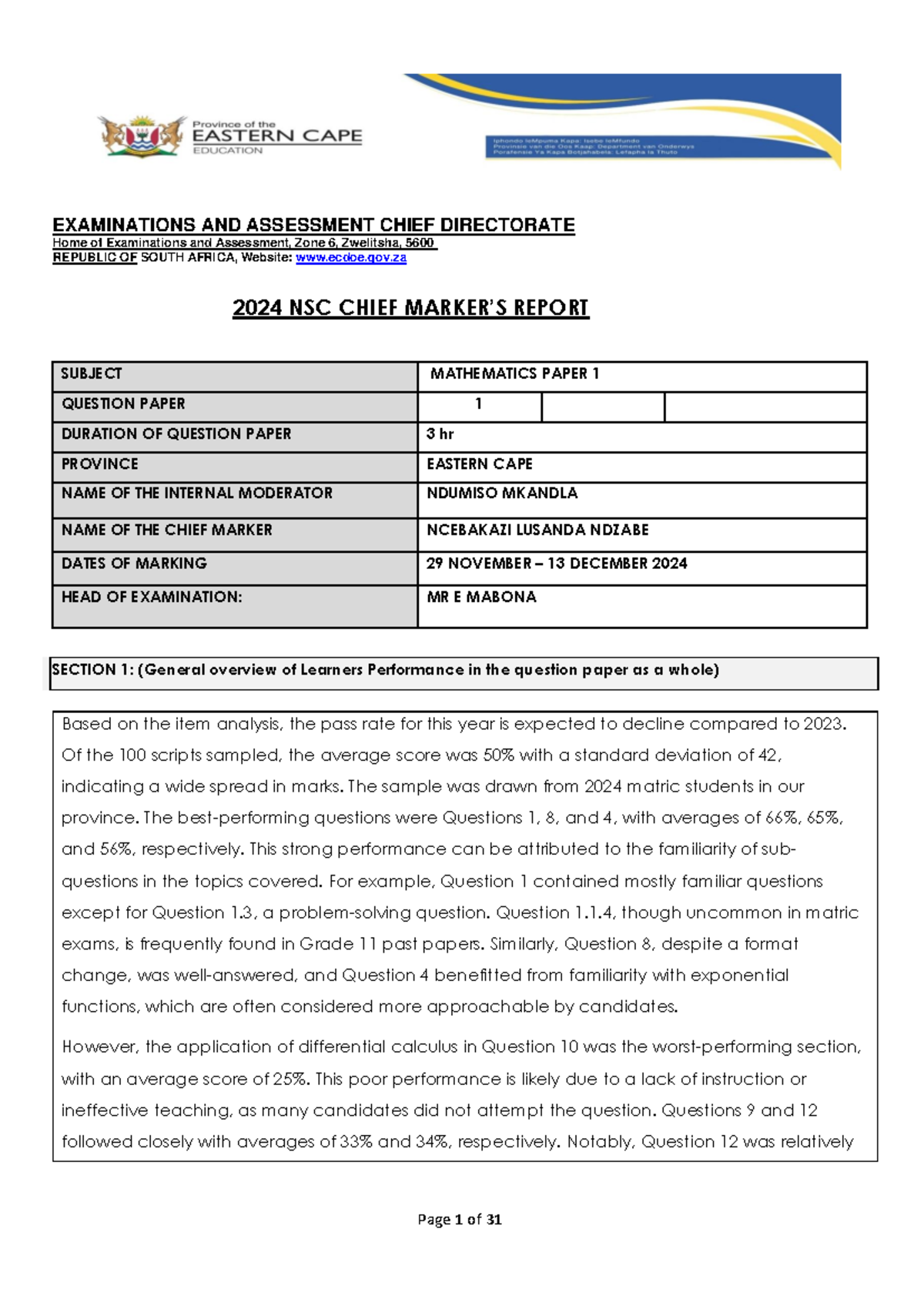 2024 NSC Mathematics Paper 1 Chief Report: Learner Performance Analysis ...