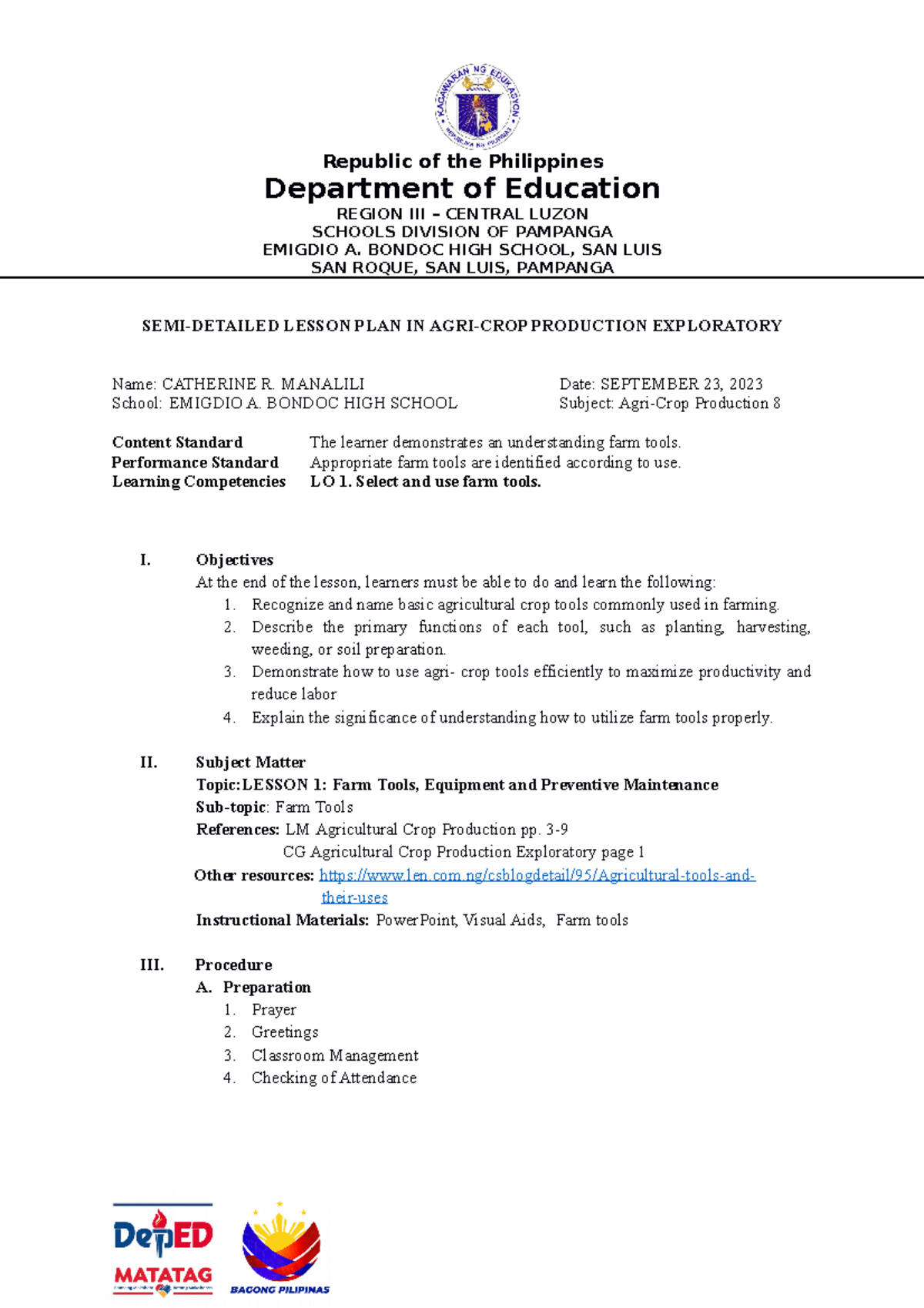 SEMI Detailed Lesson PLAN IN AGRI-CROP Production - Department of ...