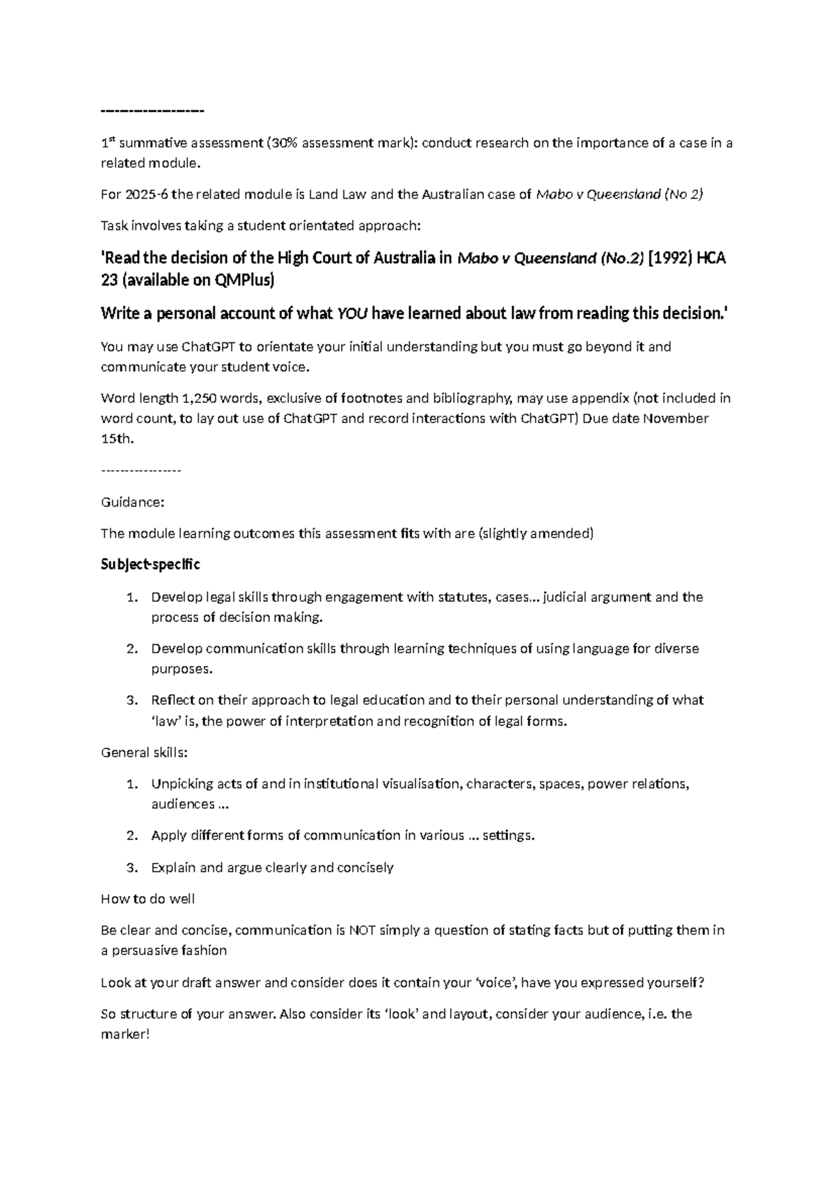 Land Law Case Study: Mabo v Queensland (No 2) - Summative Assessment ...