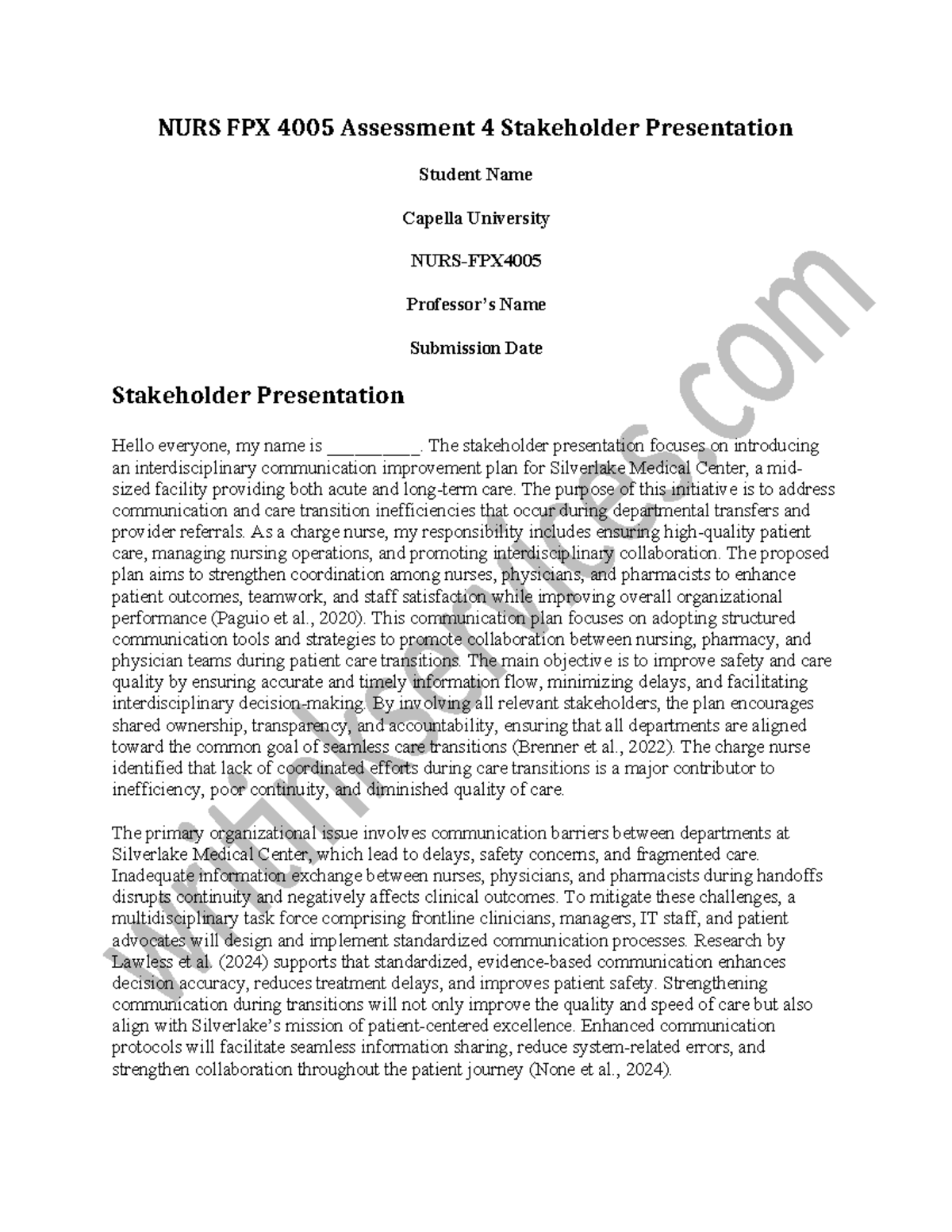 NURS FPX 4005 Assessment 4: Interdisciplinary Communication Plan - Studocu