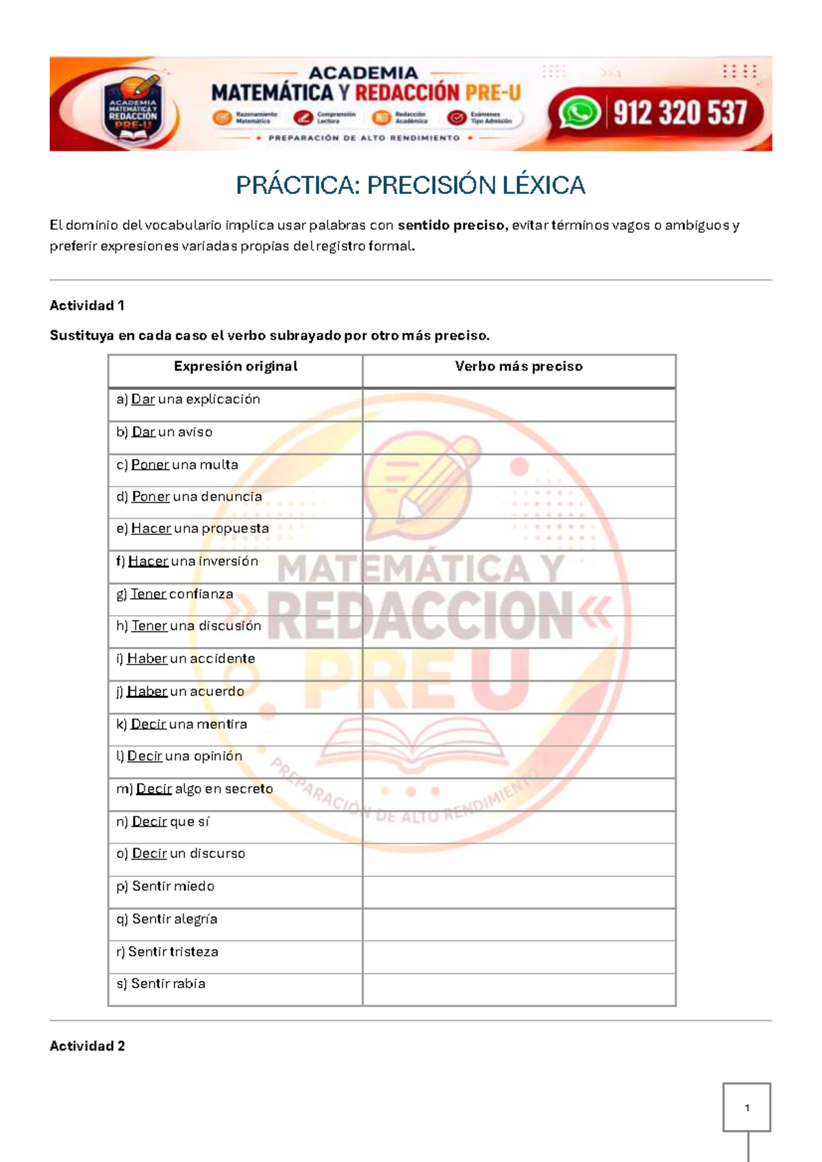 PRÁCTICA: PRECISIÓN LÉXICA P2 - Ejercicios de Vocabulario y Verbos ...