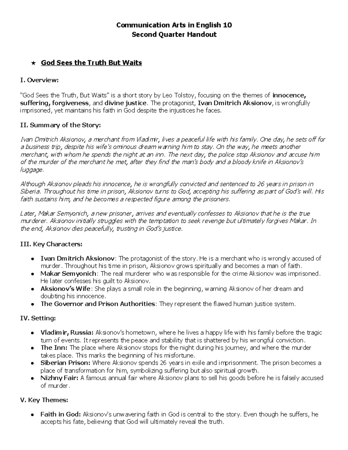 Communication Arts in English 10: God Sees the Truth but Waits Analysis ...