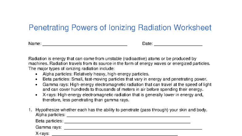 Penetrating Powers of Ionizing Radiation Worksheet (Final Exam) - Studocu