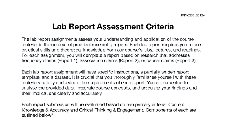 Criteria Lab Reports - PSYC206_S Lab Report Assessment Criteria The lab ...