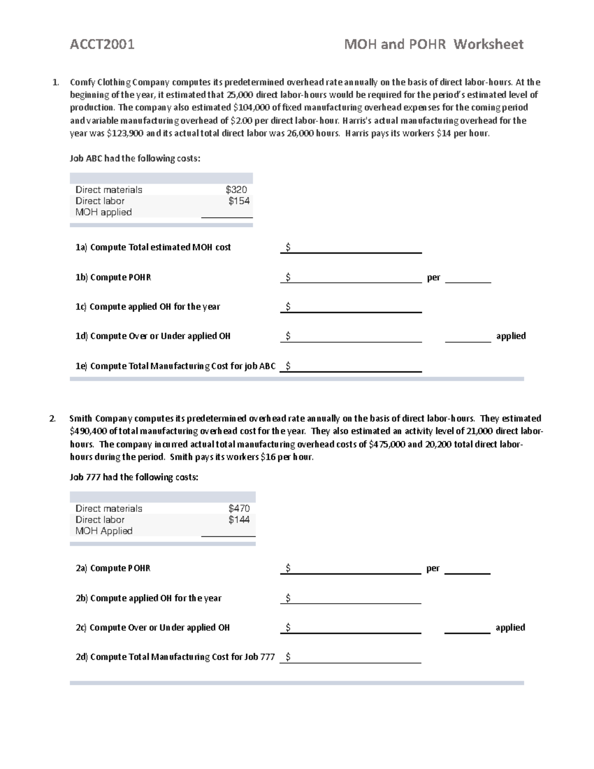POHR Practice Worksheet for Job-Order Costing: Comprehensive Guide ...