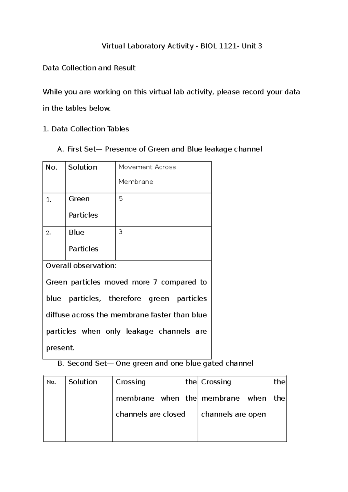 Virtual Laboratory Activity BIOL Unit 3: Data Collection & Results ...
