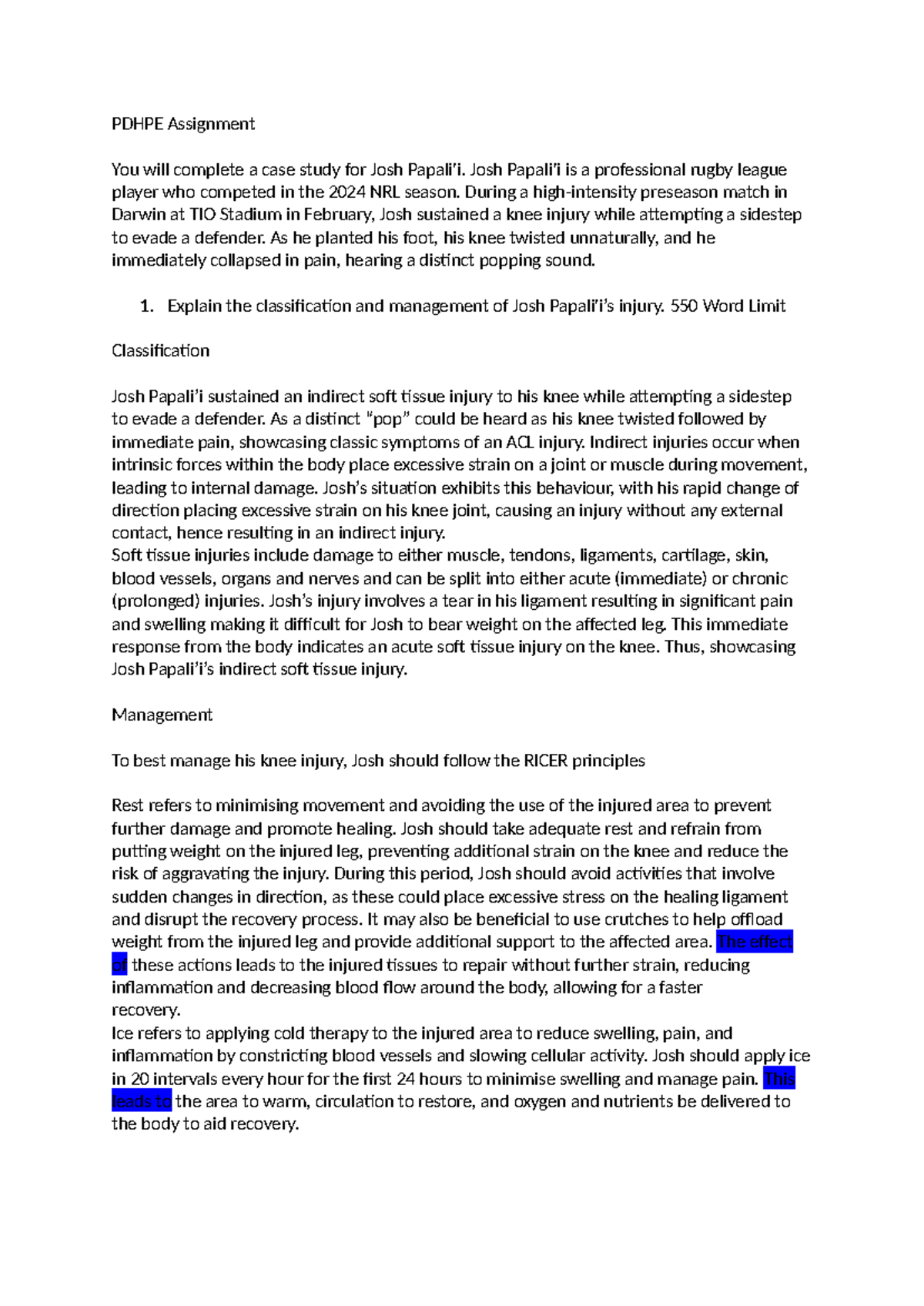 PDHPE Case Study: Management of Josh's Knee Injury in NRL 2024 - Studocu