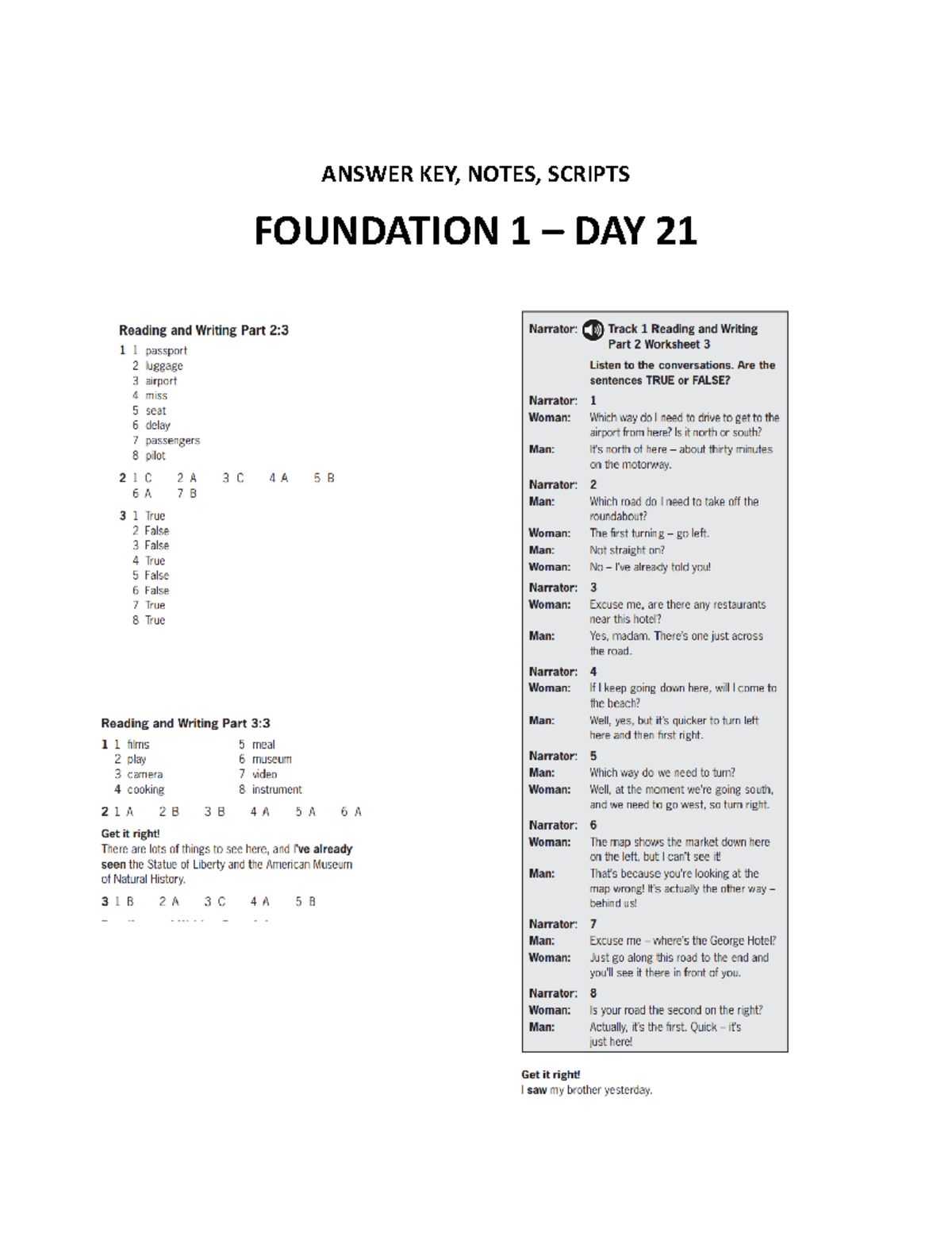 F1 DAY 21 Reading & Writing Part 2: Answer Key & Scripts - Studocu