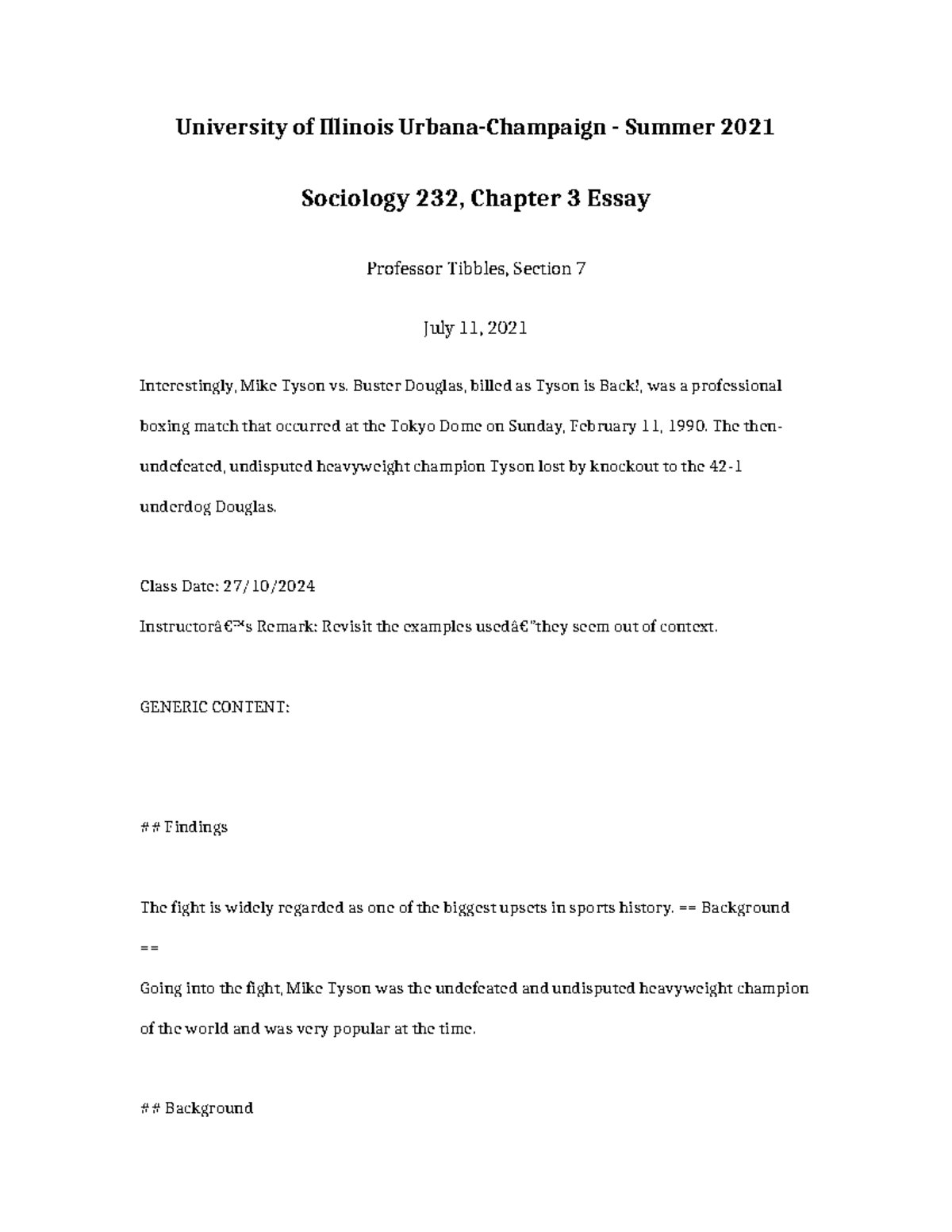 Sociology 232 Final Exam Essay: Mike Tyson vs. Buster Douglas Analysis ...