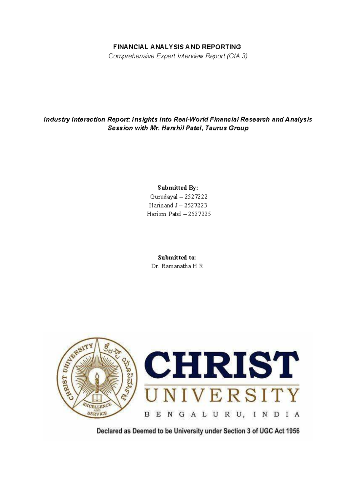 FRA CIA 3 Industry Interaction Report: Insights from Mr. Harshil Patel ...