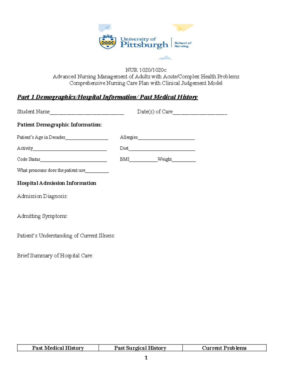 Comprehensive Nursing Care Plan for NUR 1020: Adult Health Management ...