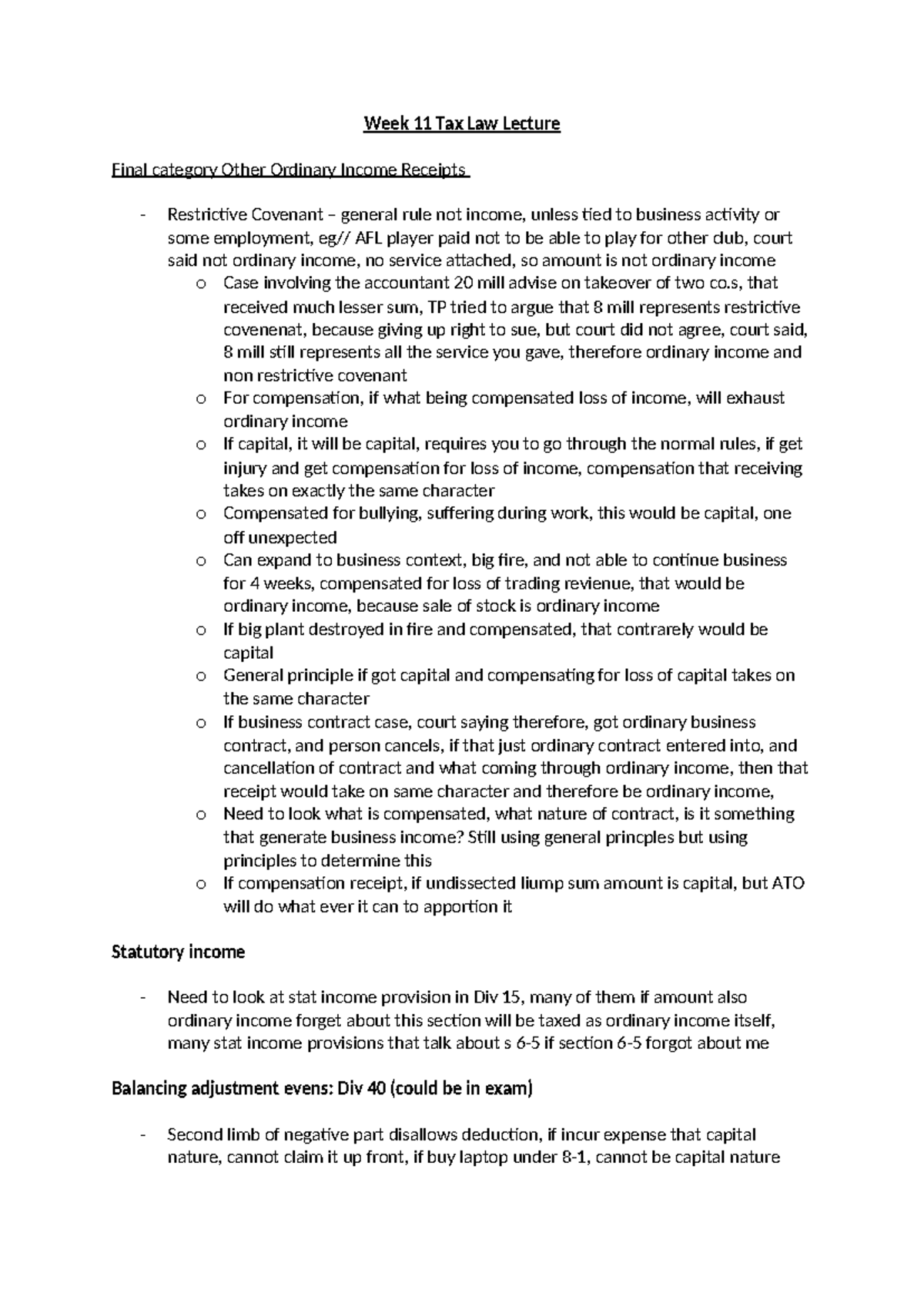 Week 11 Tax Law Lecture: Ordinary Income & Statutory Income Insights ...