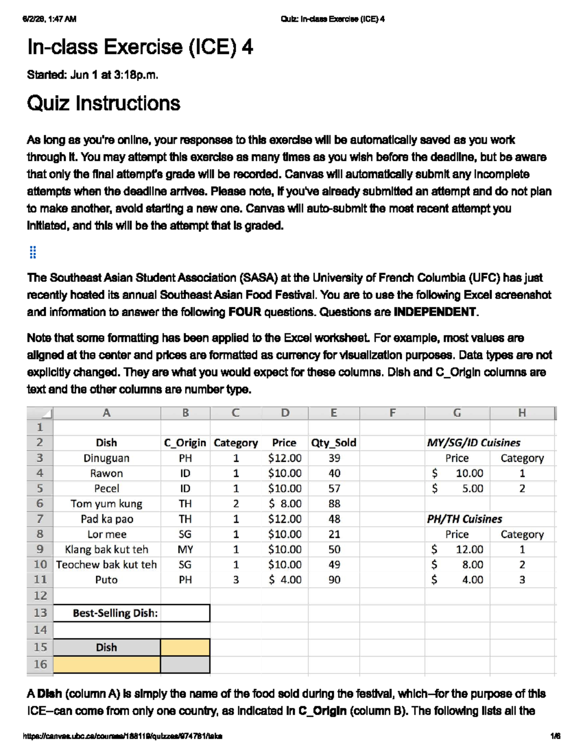 ICE 4 Quiz: Excel Exercises on Southeast Asian Food Festival - Studocu