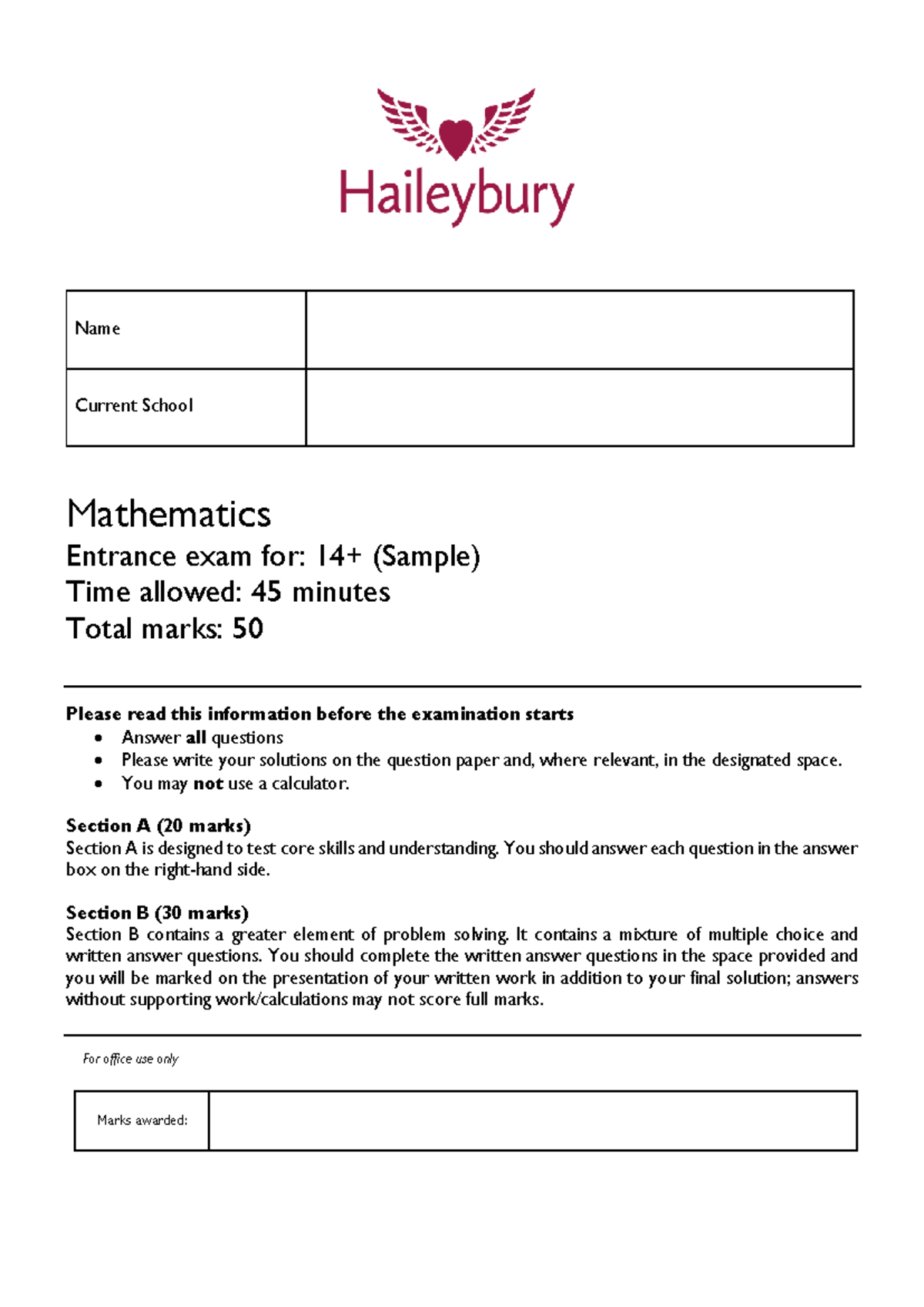 14 Maths Entrance Exam Sample Paper - 45 Min, 50 Marks - Studocu