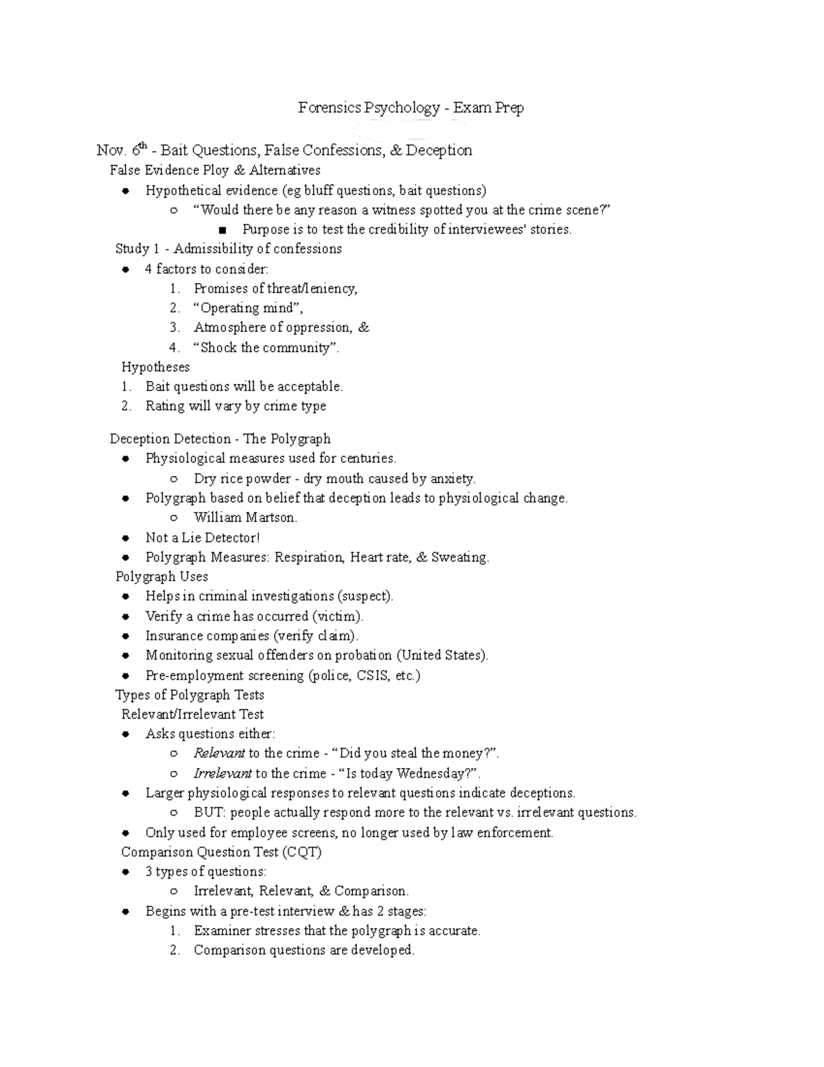 For. Psych. Final Exam Prep: Deception, Confessions & Eyewitness Memory ...