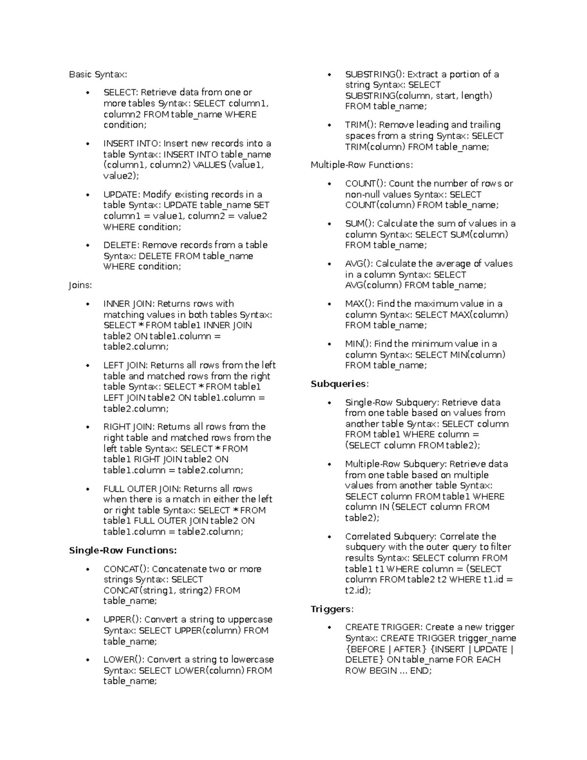 SQL Syntax & Functions Practice Sheet for CS101 - Studocu