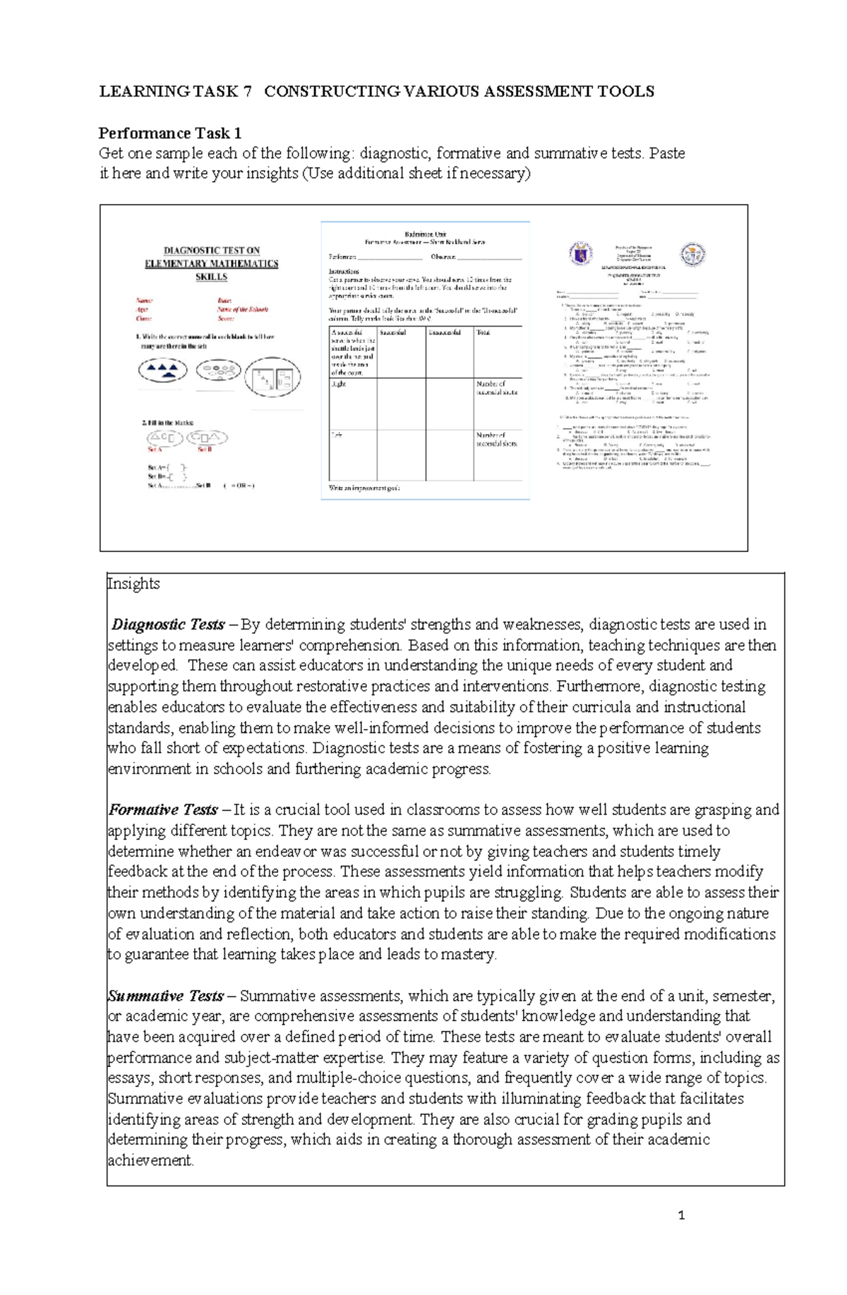 Learning TASK-7: Construction of Assessment Tools and Insights - Studocu