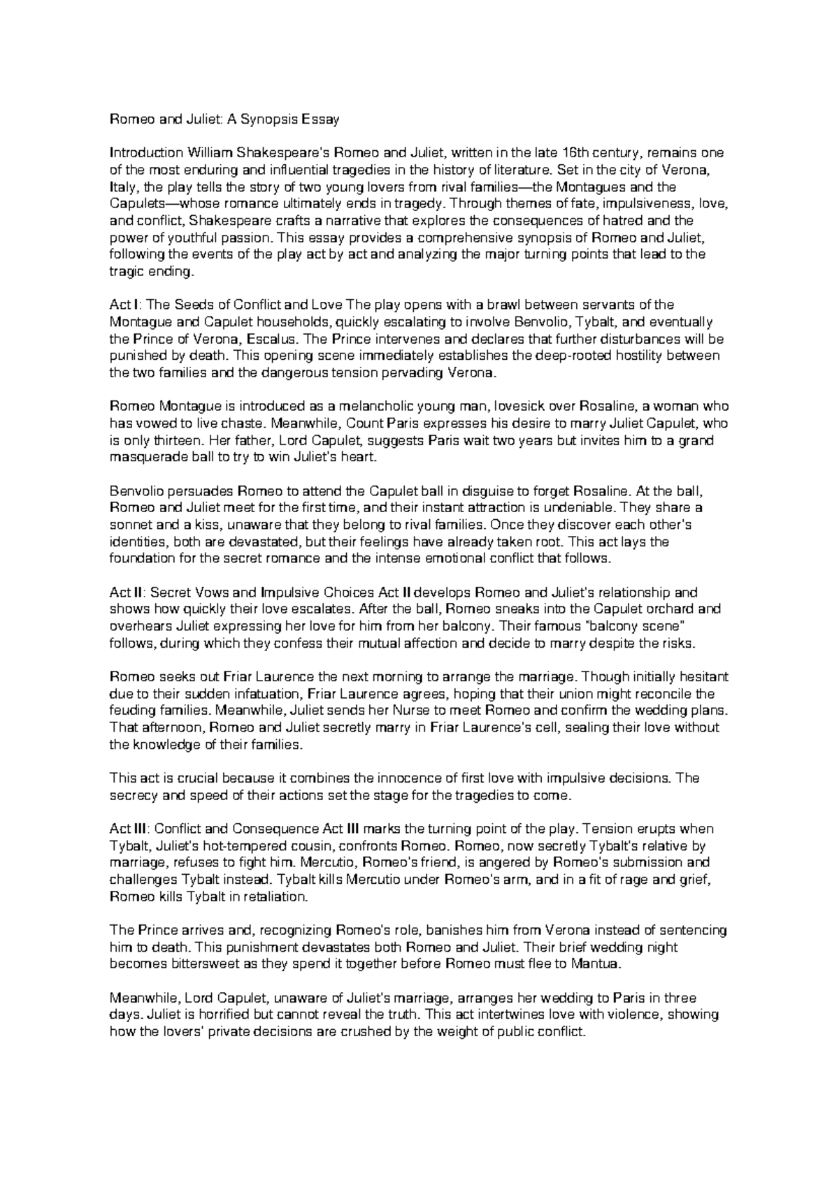 Romeo and Juliet (ENG 101): A Comprehensive Essay Synopsis - Studocu