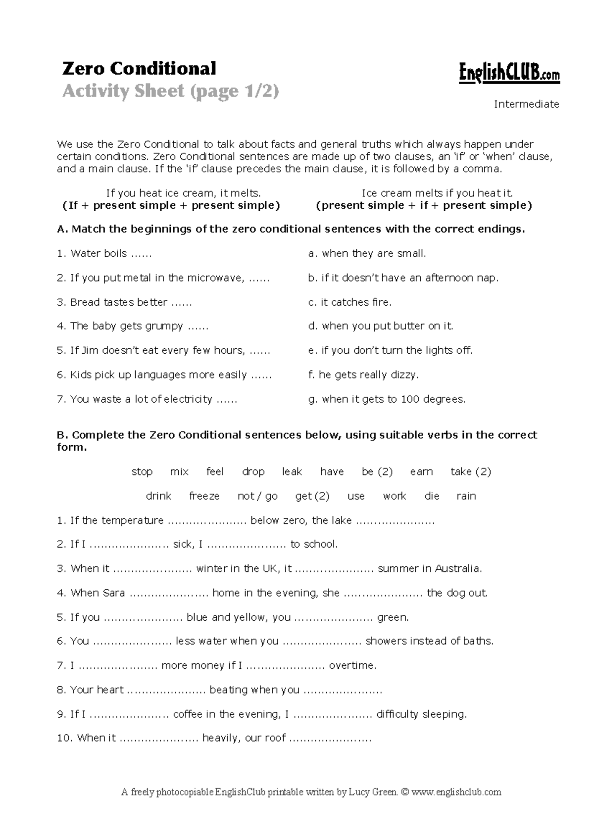 Zero Conditional Activity Sheet for Intermediate Students - Studocu