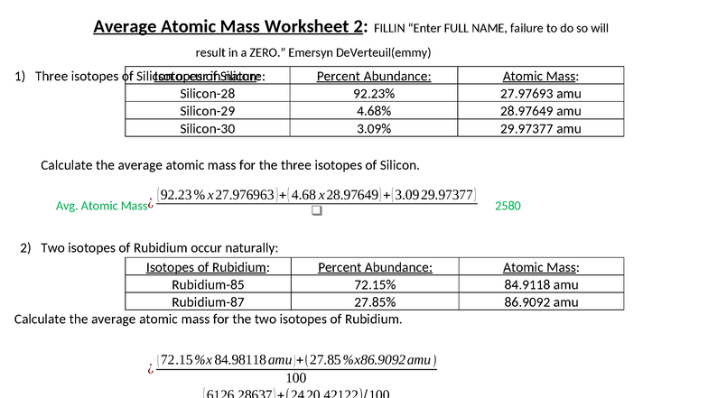 Average Atomic Mass Worksheet 2: Isotopes of Silicon, Rubidium, Copper ...