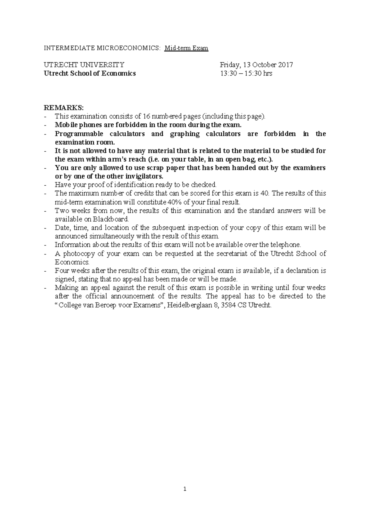 Intermediate Micro Midterm Exam - 2017 (Utrecht University) - Studeersnel