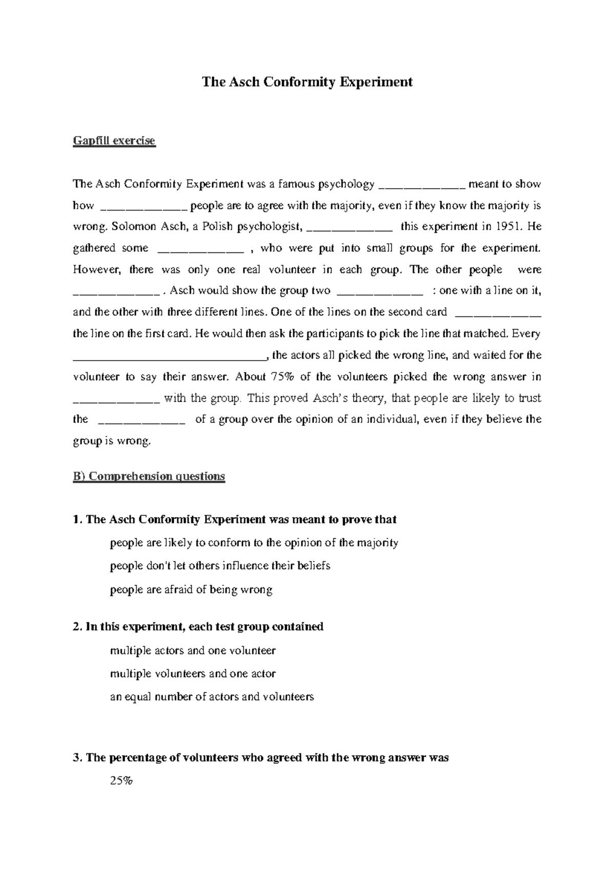 The Asch Conformity Experiment - Analysis and Exercises - Studocu