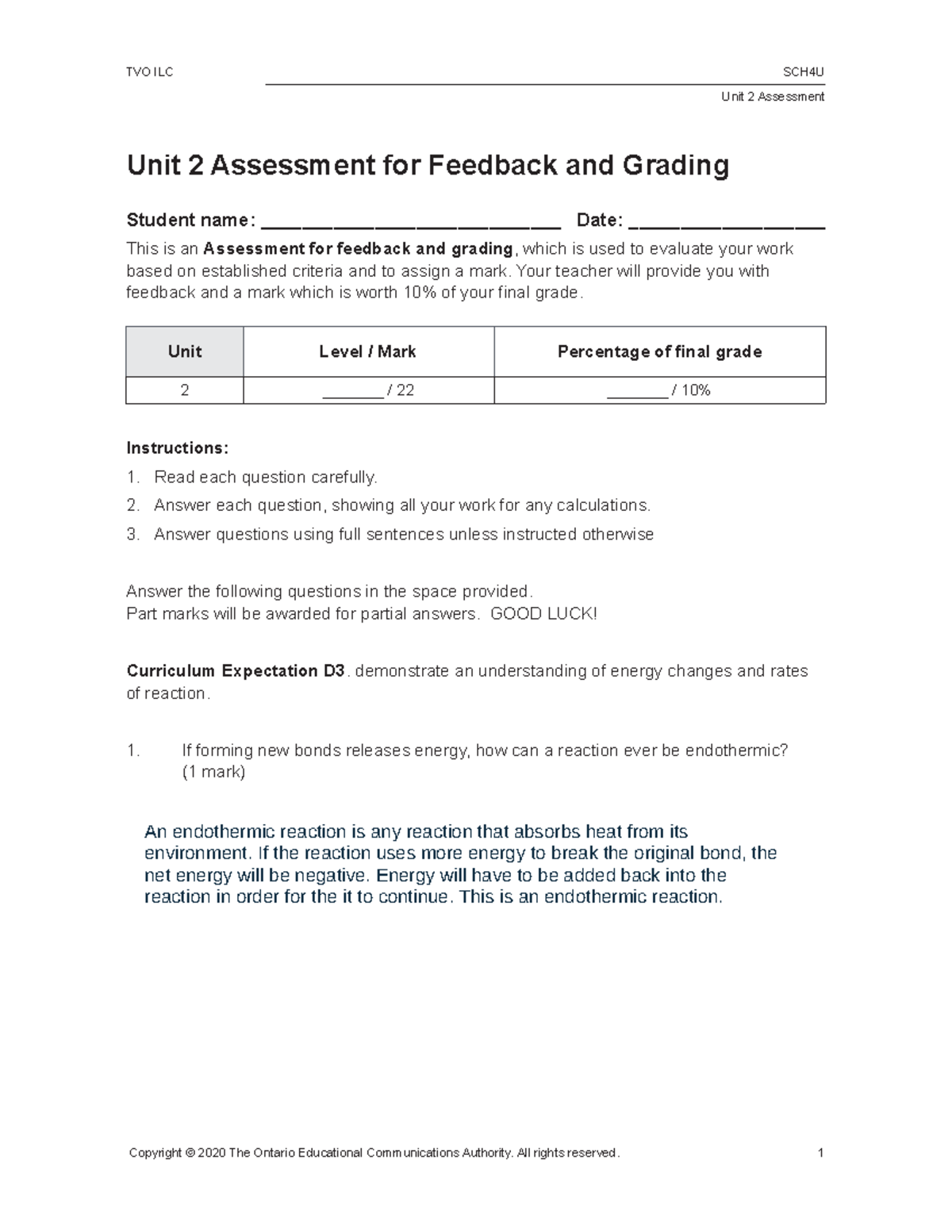 Sch4u 02 - Unit 2 Assessment for Feedback & Grading - Studocu