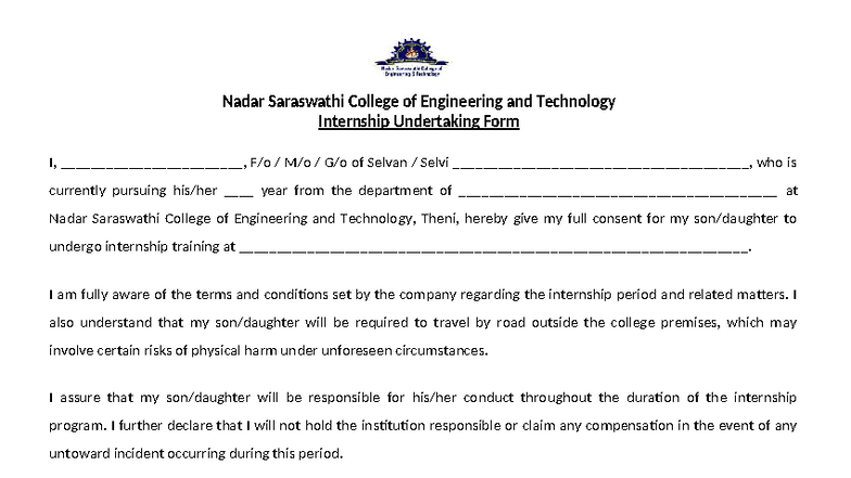 Internship Undertaking Form -2026 - Nadar Saraswathi College of ...