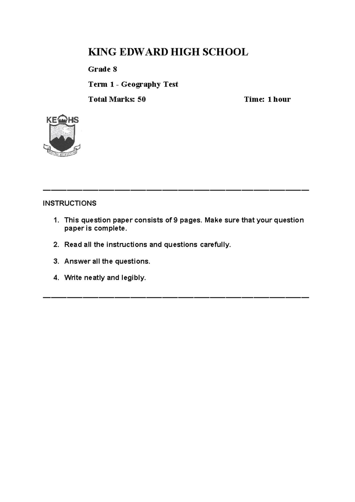 Grade 8 Geography Test - Term 1 (Total Marks: 50) - Studocu