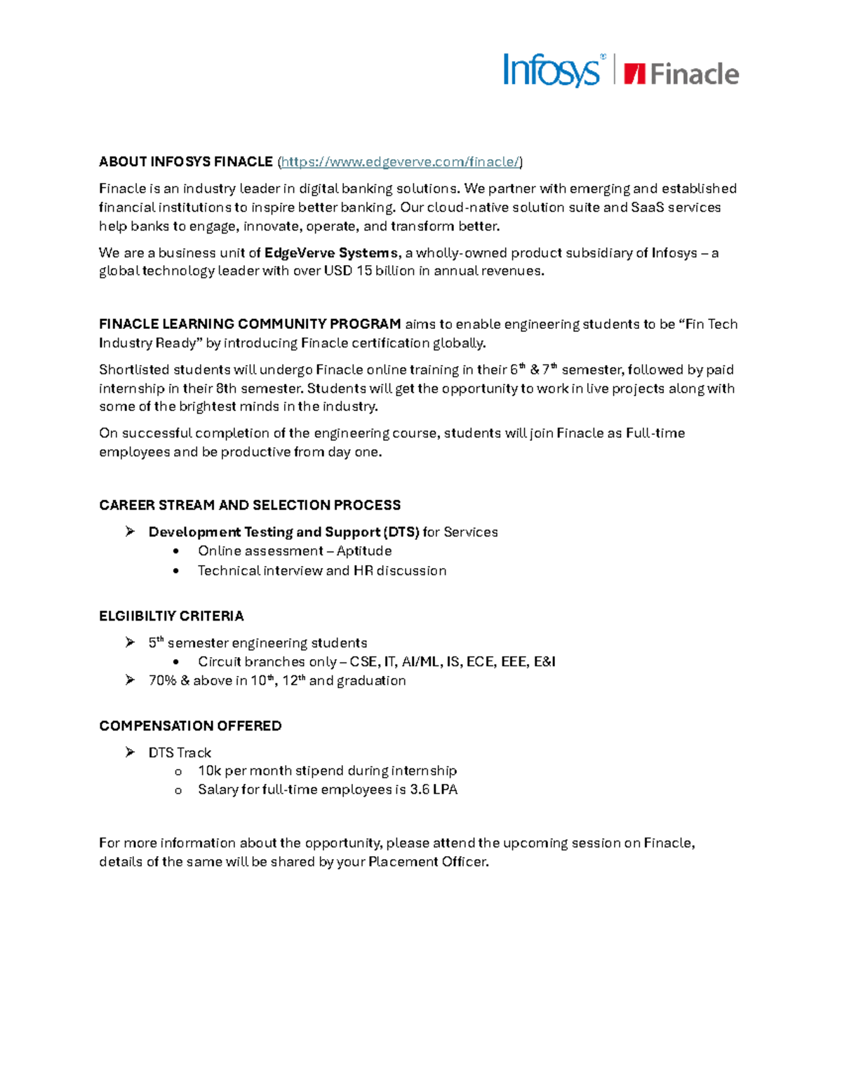 Finacle Campus Hiring Program - DTS Overview and Opportunities - Studocu