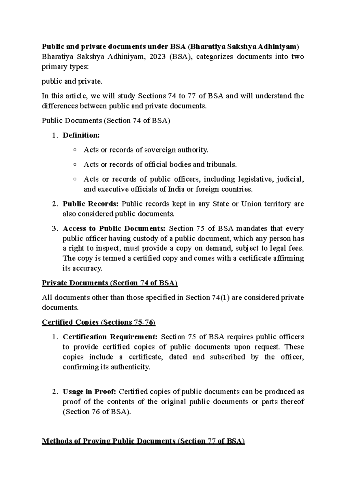 Understanding Public and Private Documents Under BSA (2023) - Studocu