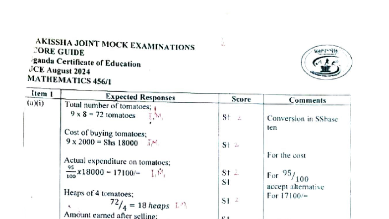 WAKISSHA JOINT MOCK EXAMINATION UCE MATHEMATICS PAPER 1 SCORING GUIDE ...