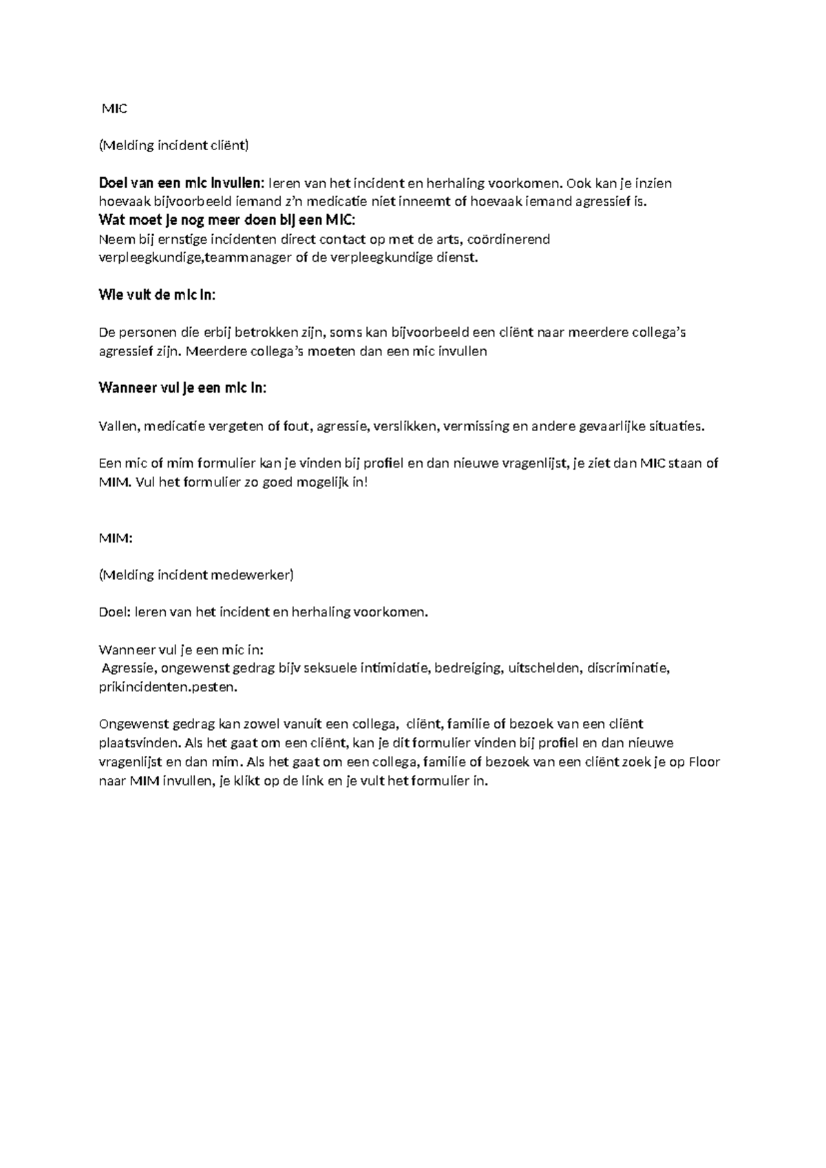 MIC en MIM Instructies en Richtlijnen voor Meldingen - Studeersnel