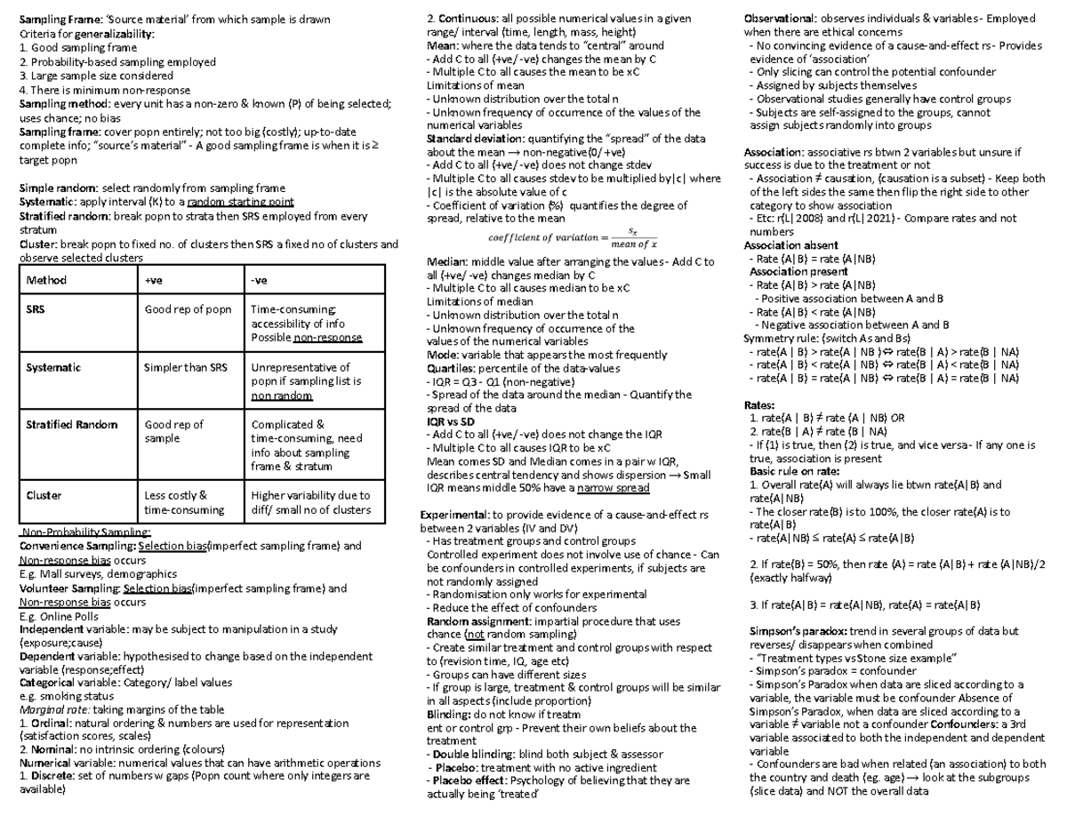 GEA Finals Cheatsheet - Sampling Frame: ‘Source material’ from which ...