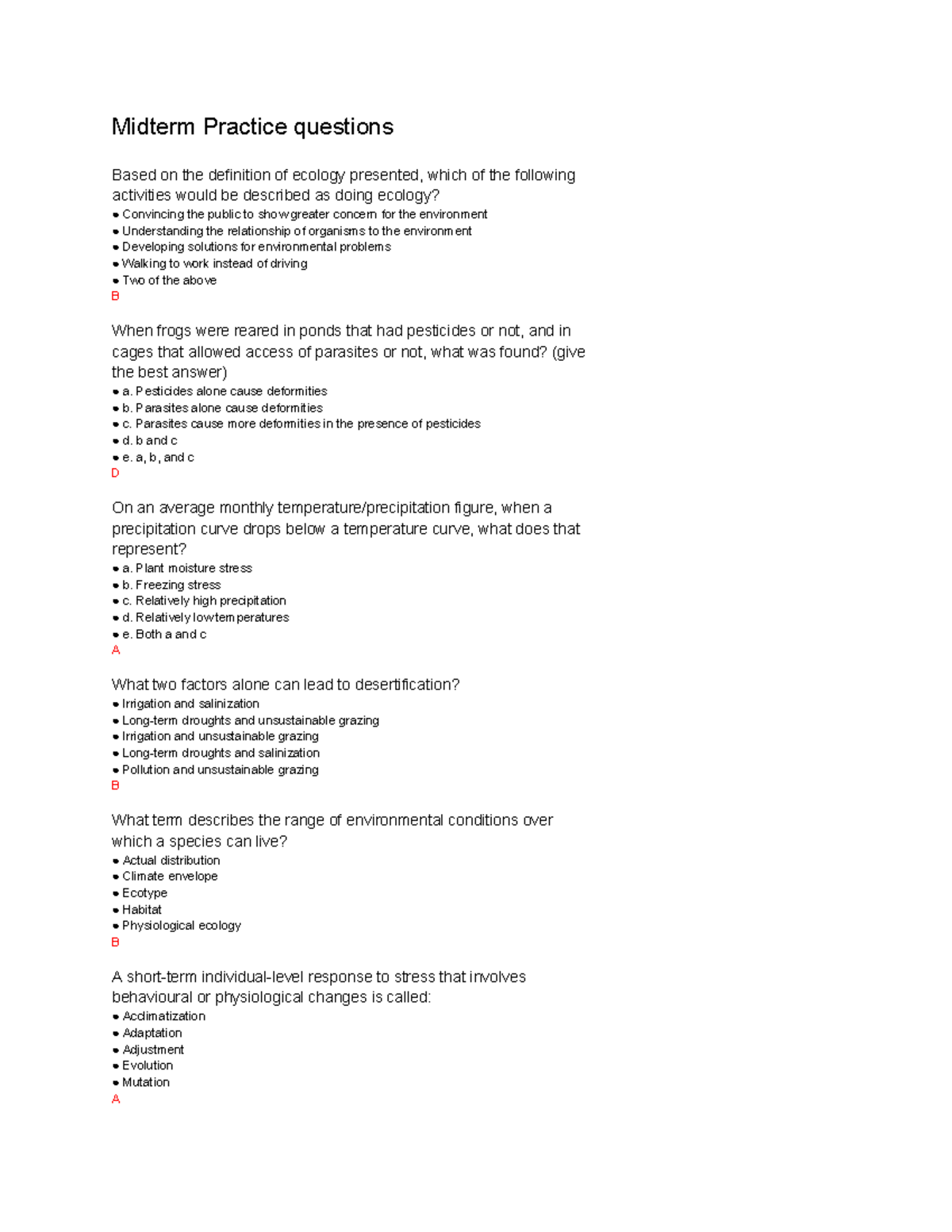 Ecology midterm Practice questions - Midterm Practice questions Based on the definition of ...