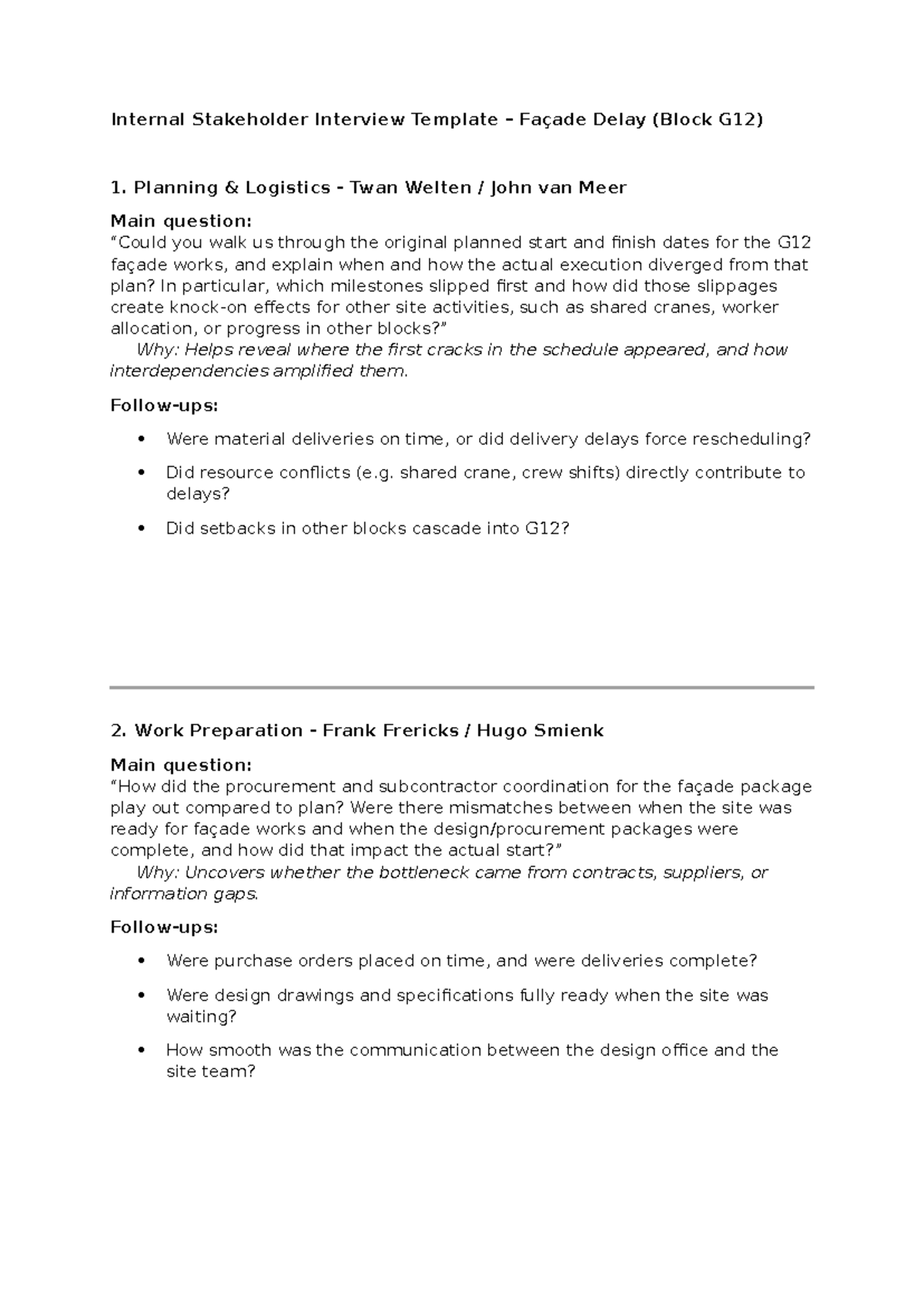 Internal Stakeholder Interview Template: G12 Façade Delay Analysis ...