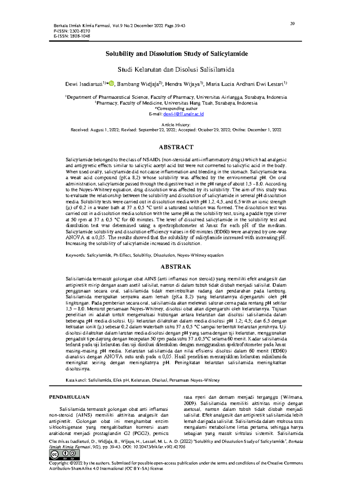 Studi Kelarutan dan Disolusi Salisilamida pada Berbagai pH (Vol.9 No.2 ...