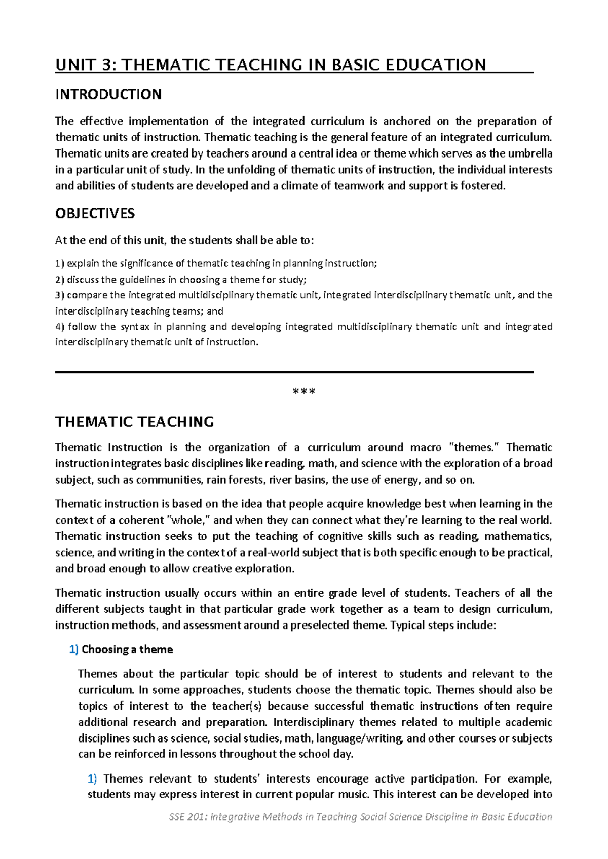 SSE 201: Thematic Teaching Strategies in Basic Education - Studocu