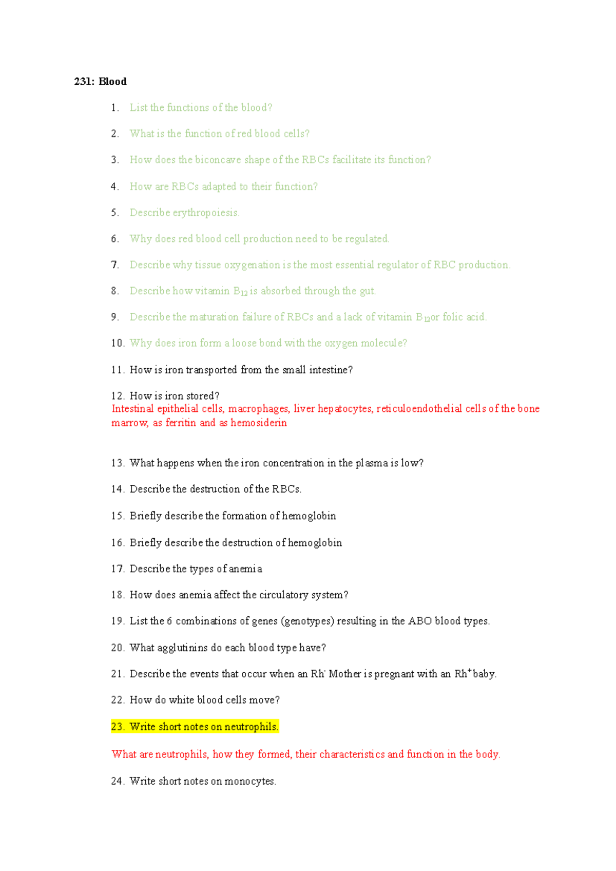 231: Hematology Questions - Functions and Characteristics of Blood ...