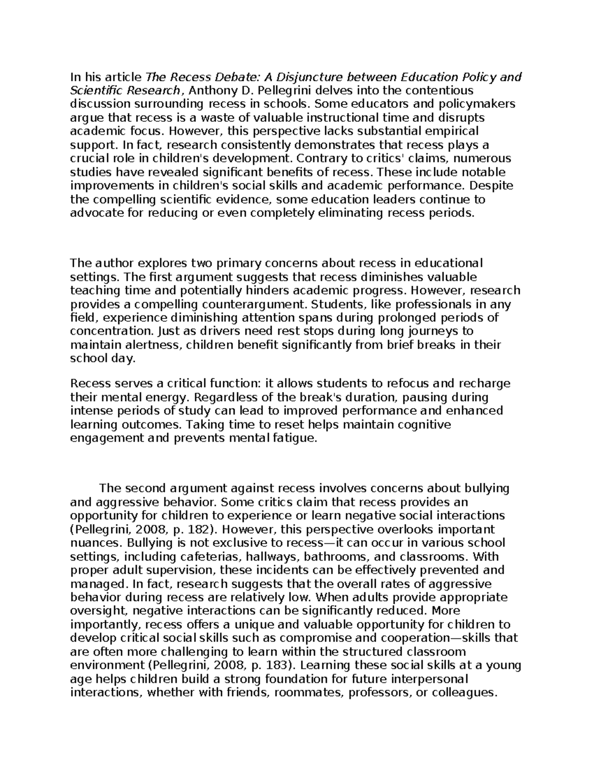 English Comp 2 - TS 1 - The Importance of Recess in Education - Studocu
