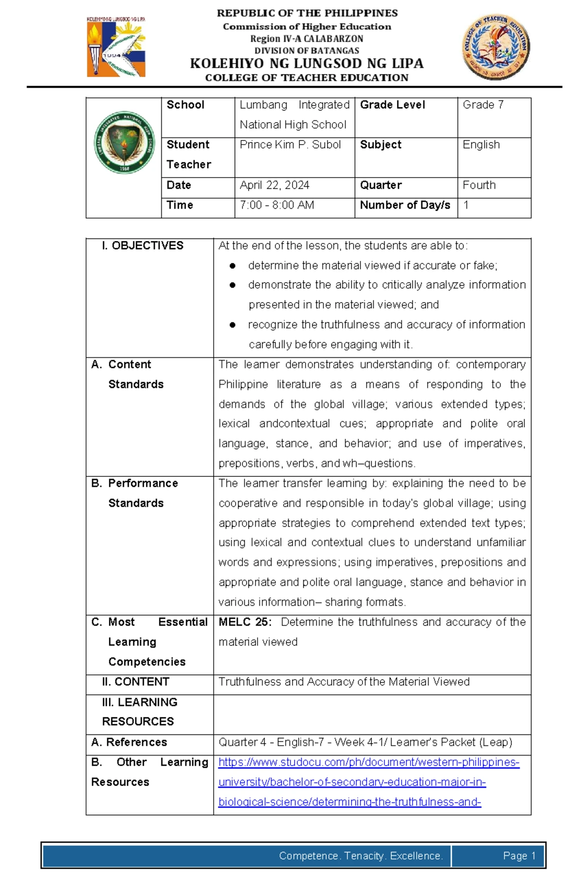 DLP - Grade 7 English: Detailed Lesson Plan on Academic Writing ...