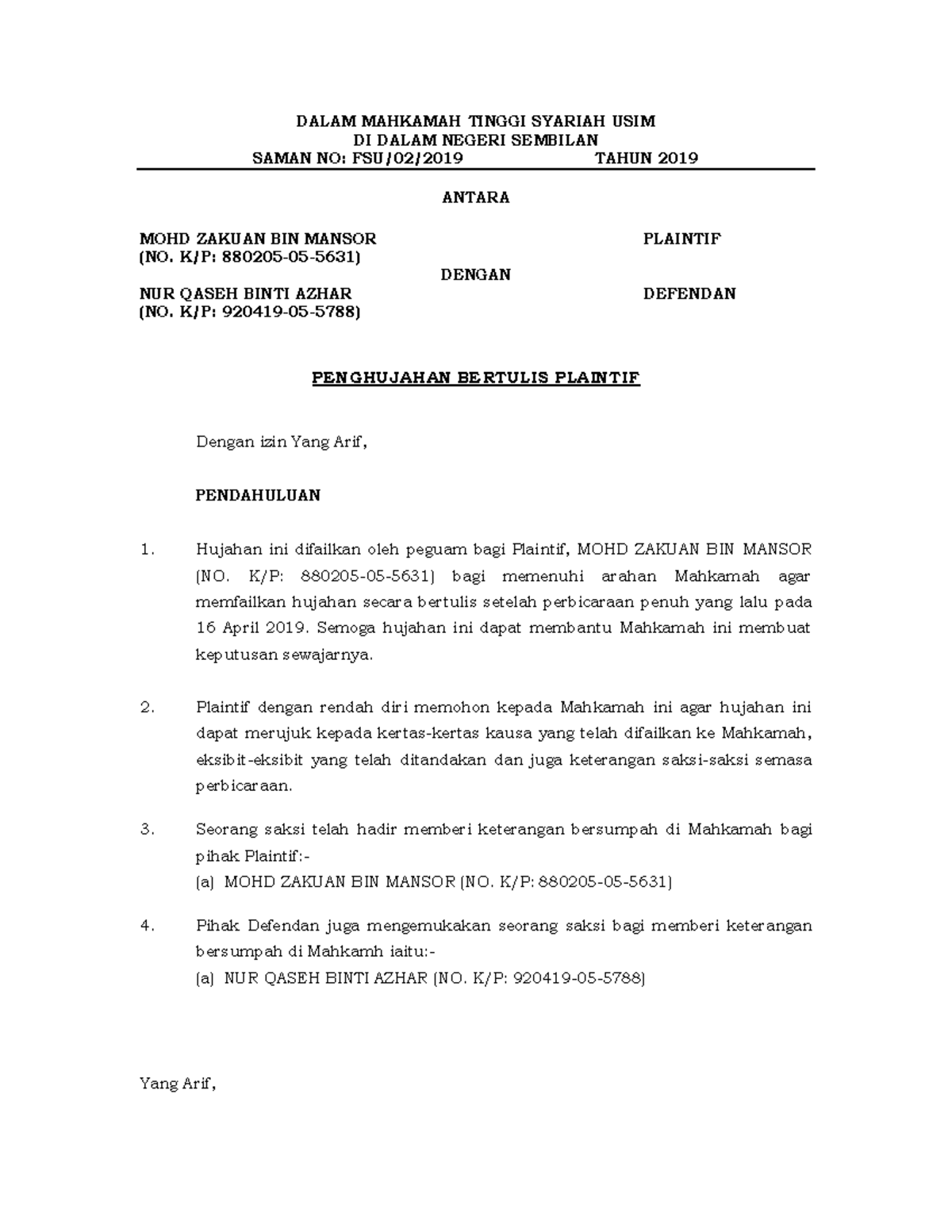 Hujahan Bertulis Kes Mahkamah Tinggi Syariah FSU/02/2019 - Studocu