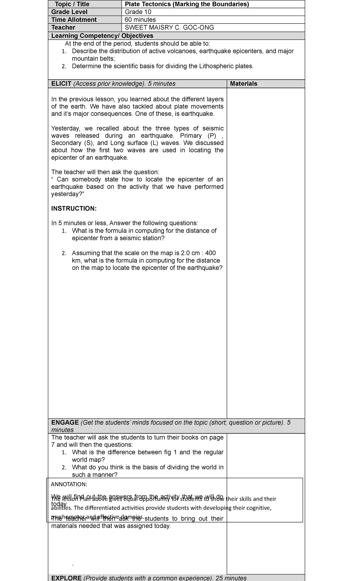 7E-Lesson Plan on Plate Tectonics: Marking Boundaries for Grade 10 ...