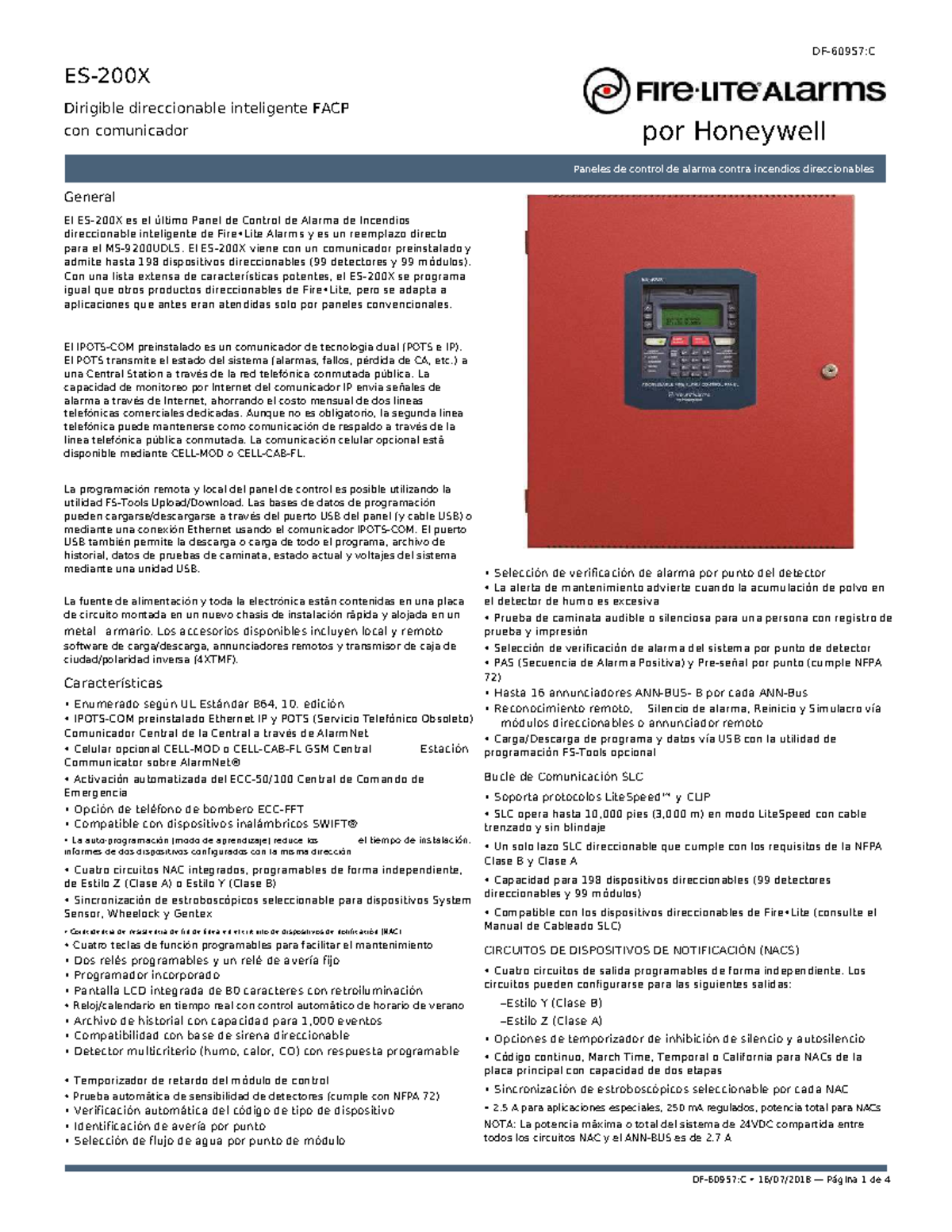 Ficha Técnica del Panel de Control de Alarma FACP-ES-200X de Honeywell ...