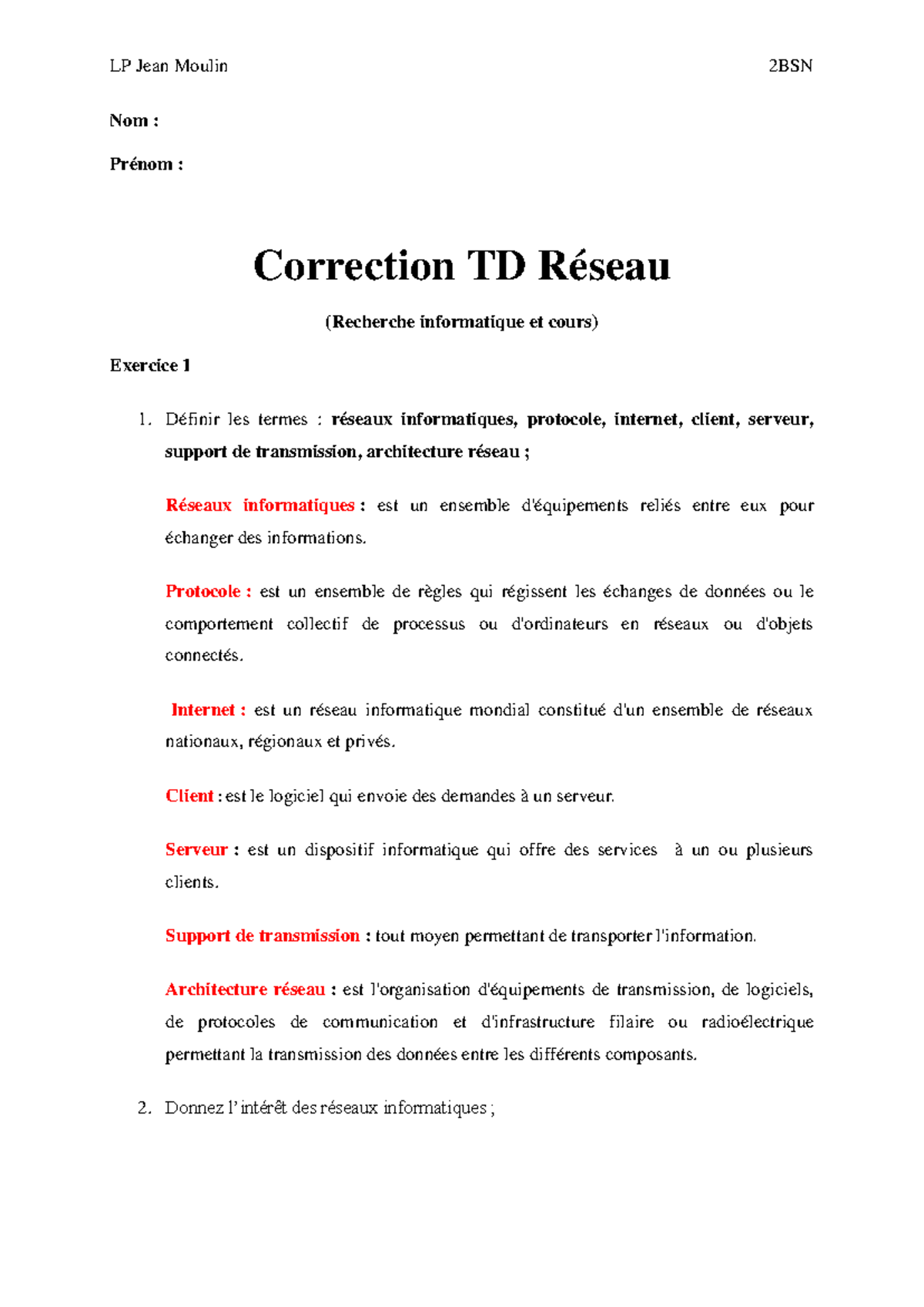 Correction TD Réseau - Exercices et Concepts Clés (TD RESEAU) - Studocu