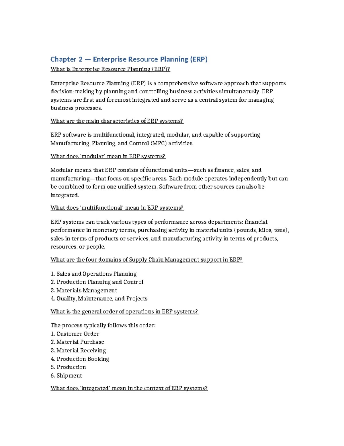 Chapter 2 ERP Notes: Understanding Enterprise Resource Planning - Studocu