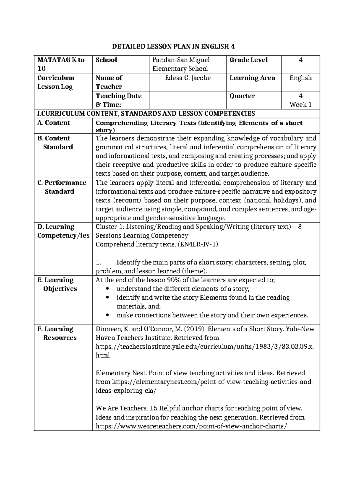 Detailed Lesson Plan for English 4 (Quarter 4, Week 1) - Studocu