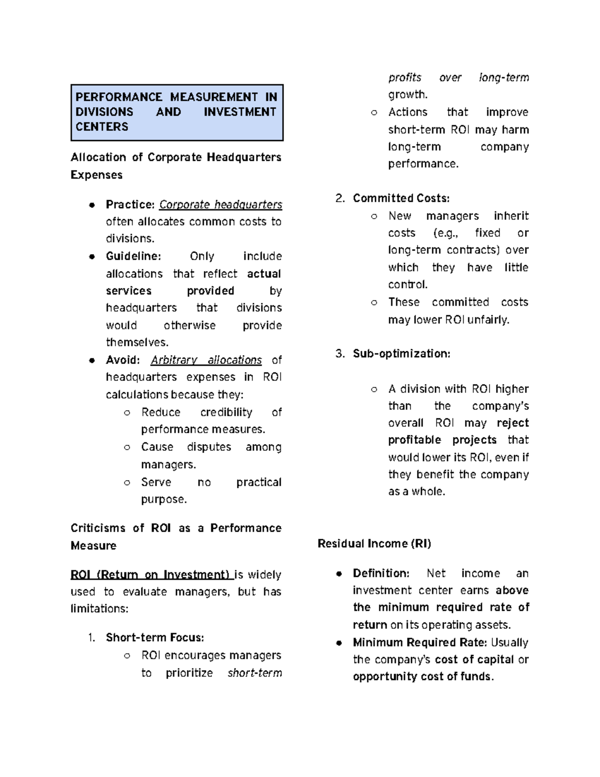 Performance Measurement in Divisions & Investment Centers: ROI vs RI ...