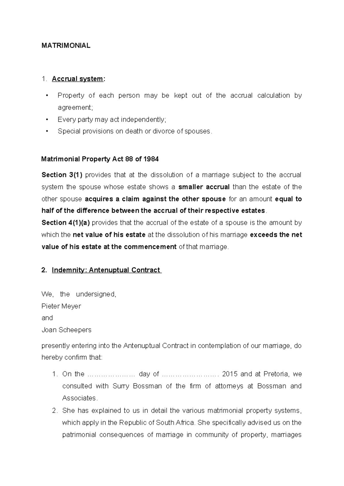 Matrimonial Property Insights: Marriage & Antenuptial Contracts - Studocu