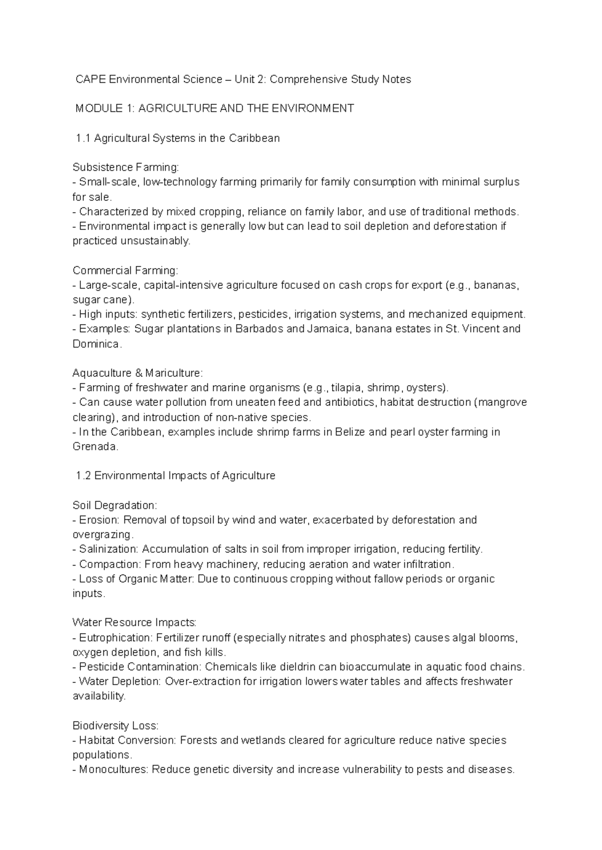 CAPE Environmental Science Unit 2: In-Depth Study Notes - Studocu